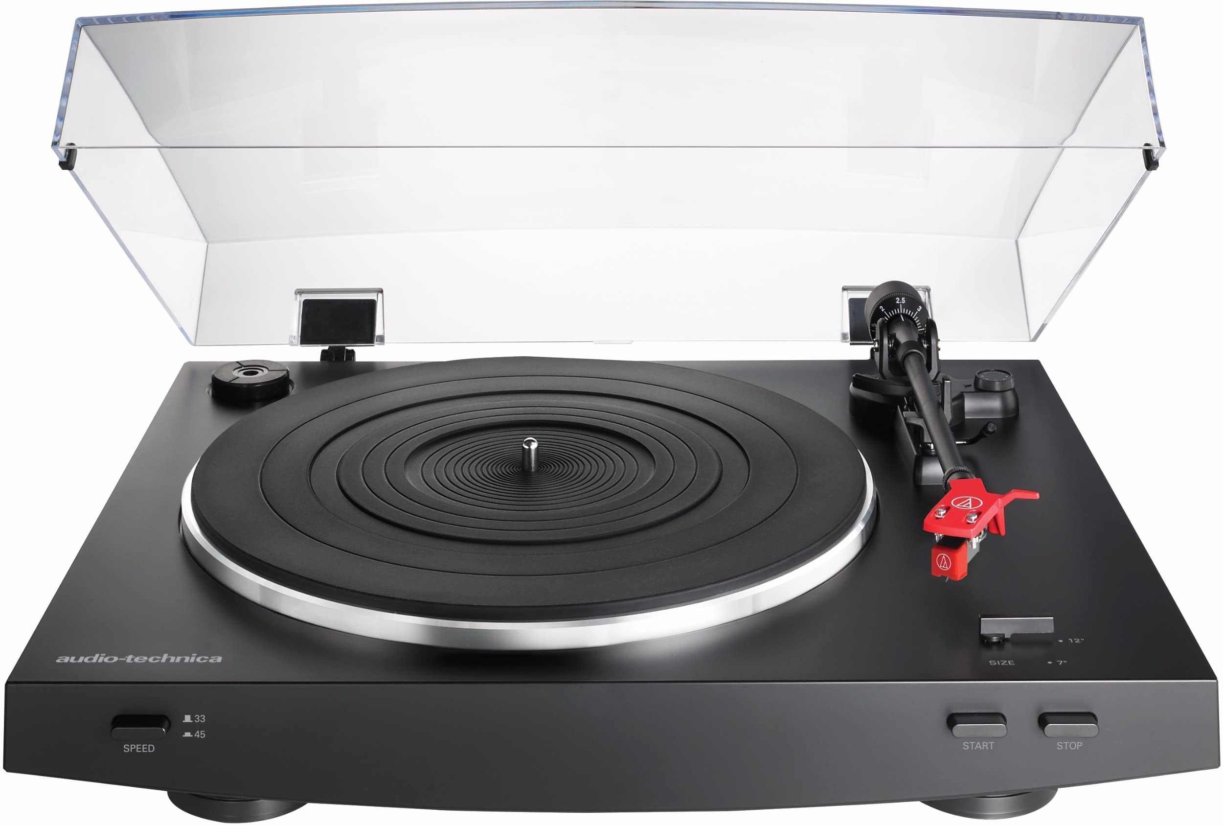 Audio-Technica AT-LP3BK Fully Automatic Belt-Drive Stereo Turntable (Black) Bundle with Bluetooth Studio Monitors - Pair, Turntable Stylus Scale, and Cleaning Brush (4 Items)