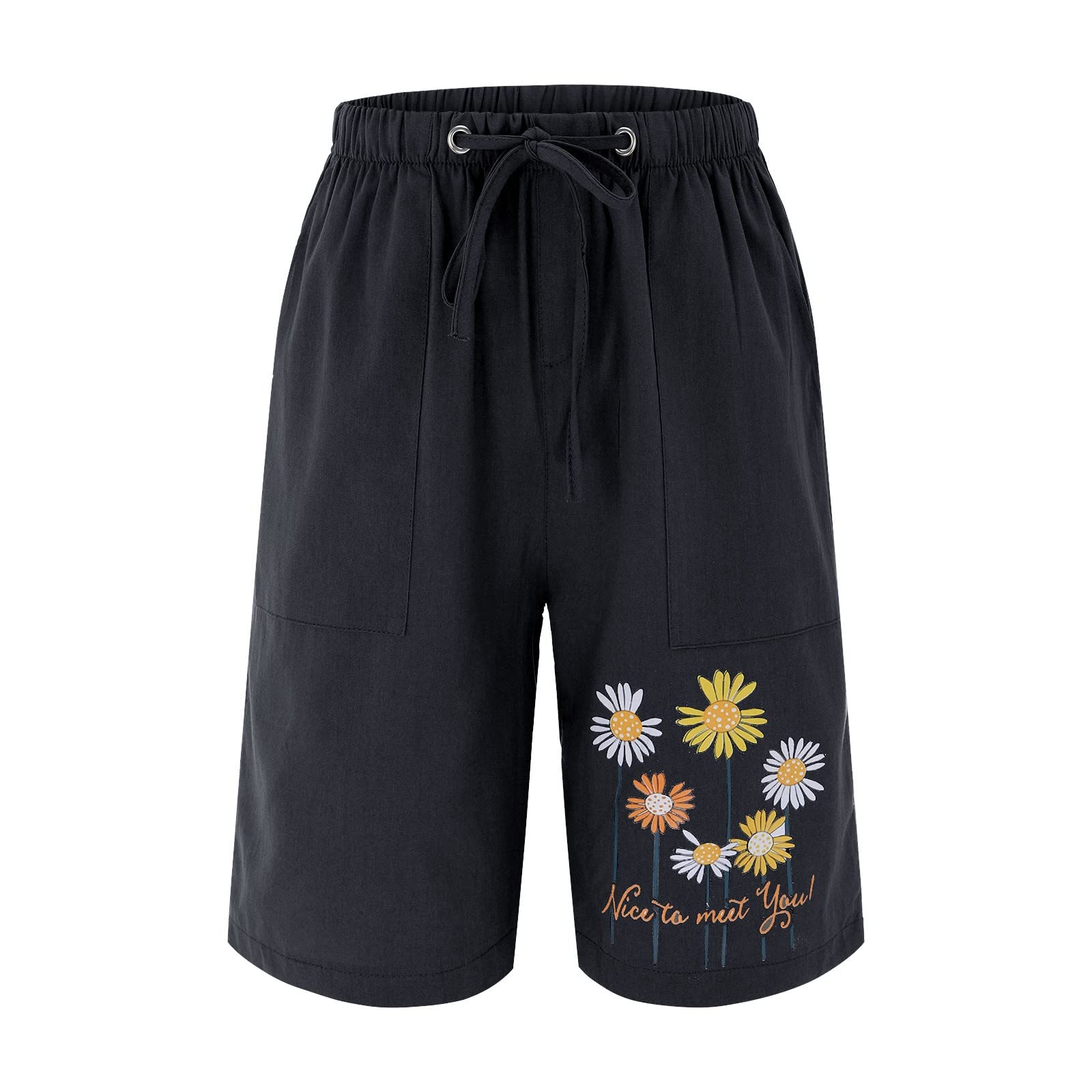 Bermuda Shorts Plus Size Causal Drawstring Elastic Waist Loose Workout Sweat Summer Shorts Women Shorts Athletic Yoga Black