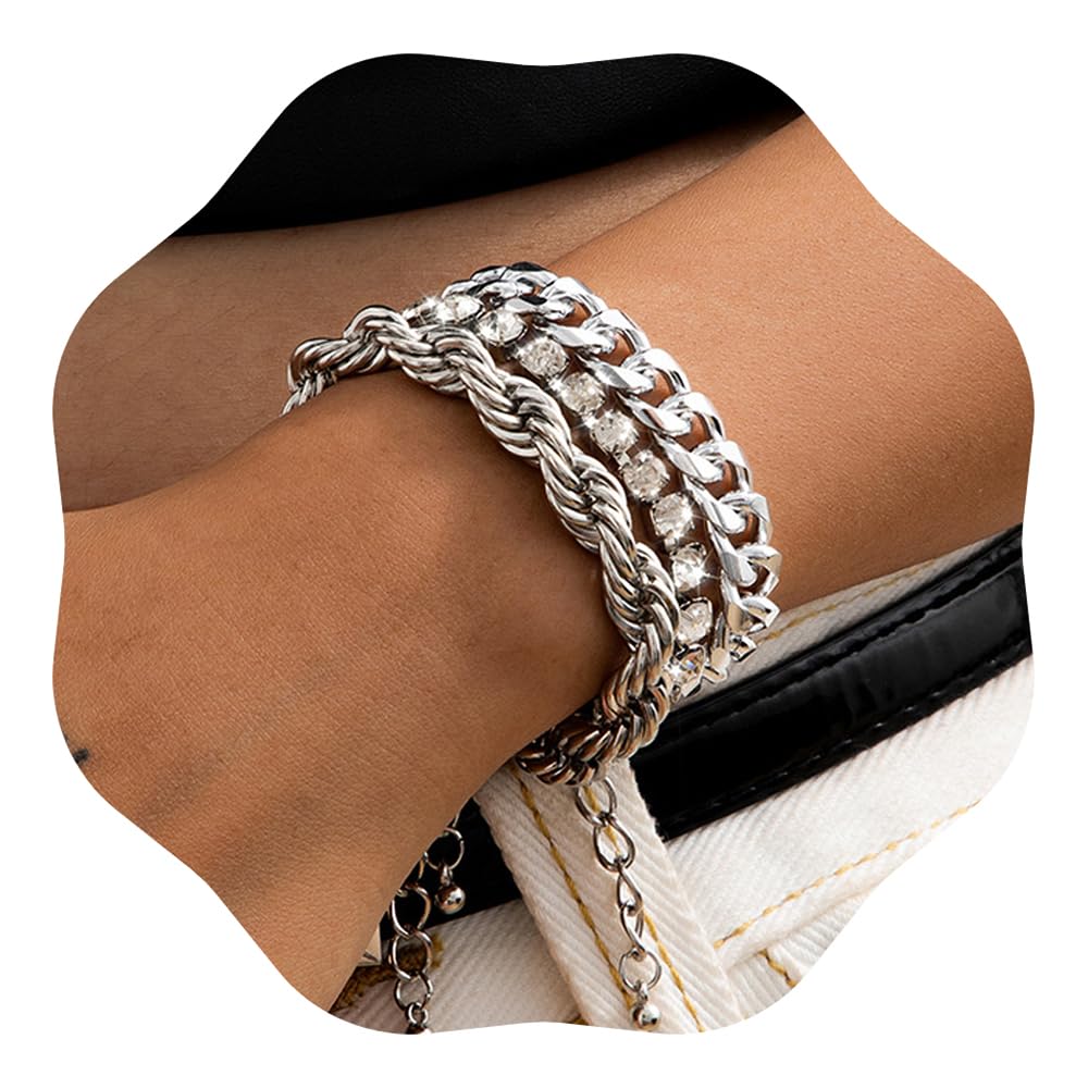 Octwine Fashion Rhinestones Bracelets Sets for Women Gold Silver Layered Chunky Pendant Charms Chain Stackable Wrap Bangle Adjustable Bracelet Jewelry Accessories for Women