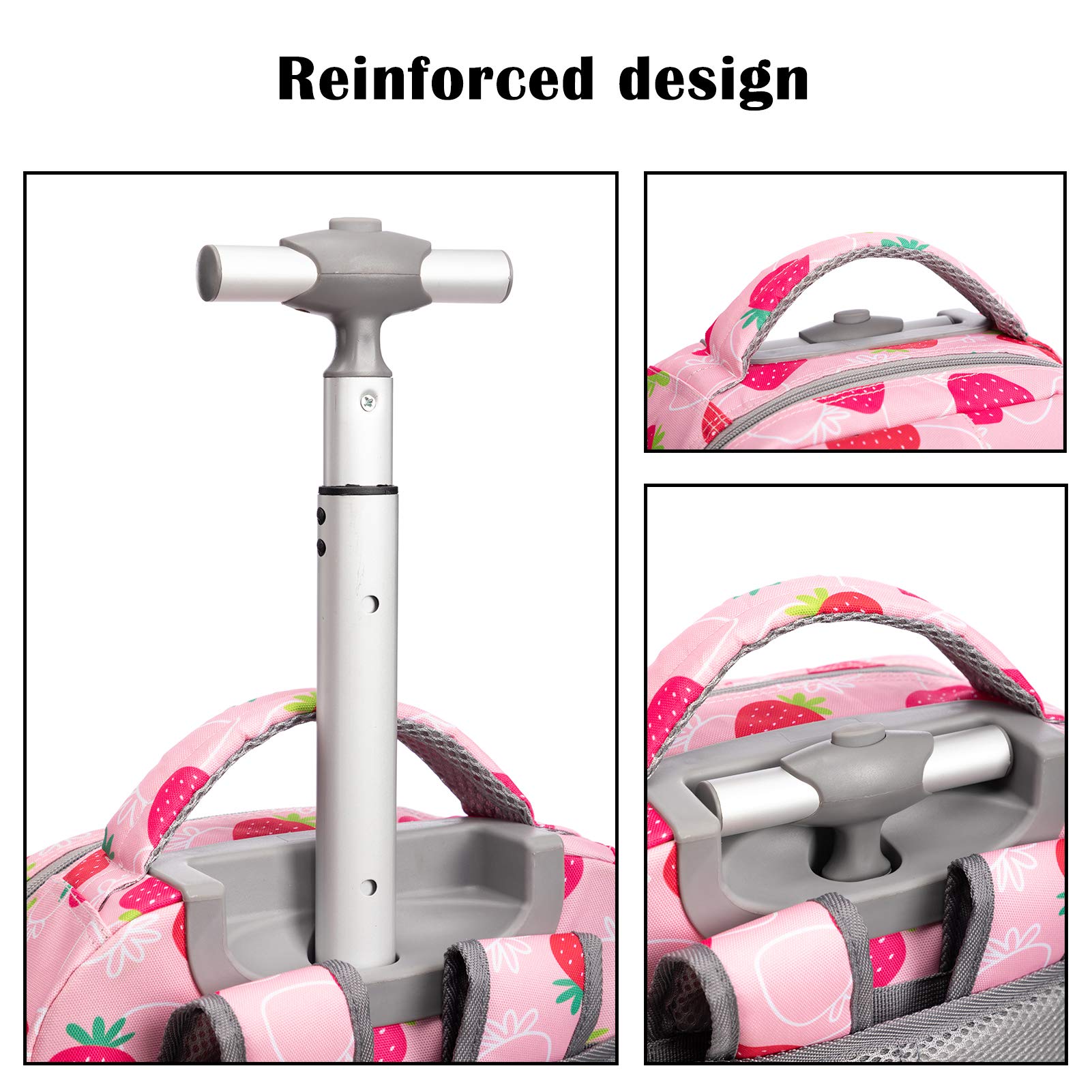 BAMIFEI 18 inches Wheeled Rolling Backpack Multi-Compartment College Books Laptop Bag Business Trip Carry-on, Strawberry