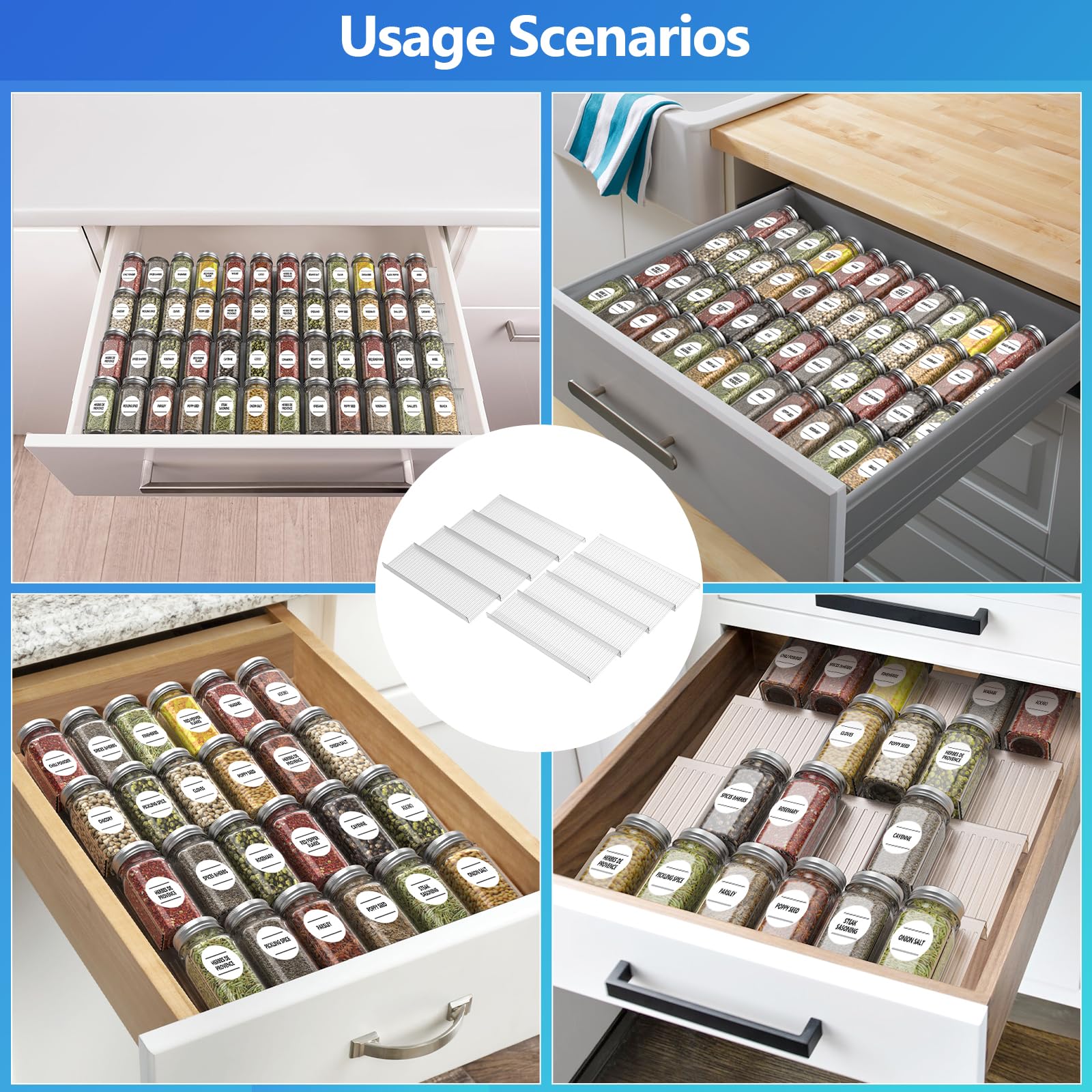 SZWQILIN Spice Drawer Organizer, Spice Rack Drawer for Kitchen,4 Tier Clear Acrylic, Expandable From 13" to 26" Spice Rack Tray for Cabinet/Countertop(4 Pcs Clear)
