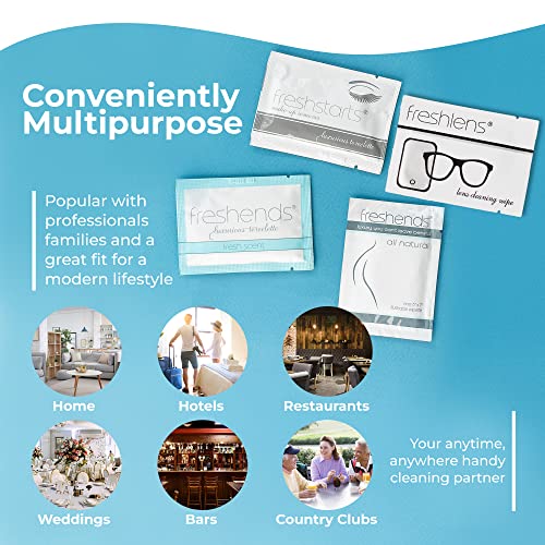 Freshends Luxurious Towelette Bundle β Makeup Remover, Hotel Bathroom Amenities, Air BNB Needs, Individually Packed Guest Bathroom Essentials for Clubs, Restaurants, Bars, Weddings 100 Bulk Pack, Blue