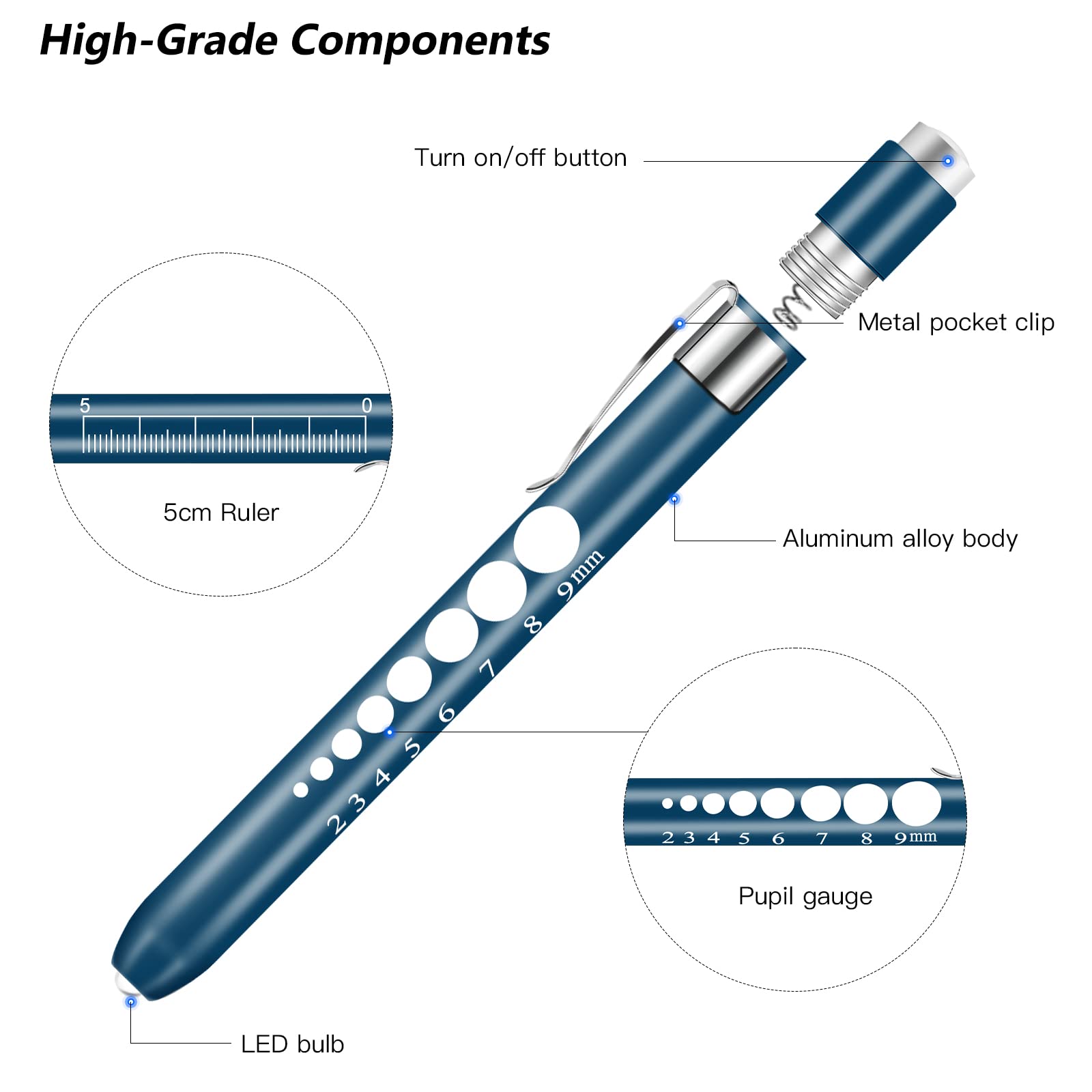 Opoway Nurse Penlight with Pupil Gauge LED Medical Pen Light for Nurses Doctors with Batteries Included 2ct, Silver and Blue