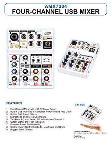Audio2000'S AMX7304 USB-Powered Four-Channel Audio Mixer with USB Interface and Sound Effect