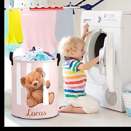 Meet Pink Teddy Bear Personalized Freestanding Laundry Basket Clothes Hamper Waterproof,Custom Laundry Collapsible Storage Bins Toys Baskets with Handle for Bedroom Bathroom