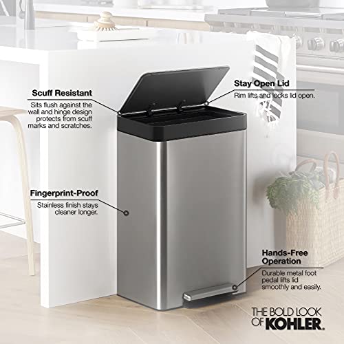 Kohler 13 Gallon Hands-Free Kitchen Step, Trash Can with Foot Pedal, Quiet-Close Lid, Stainless Steel