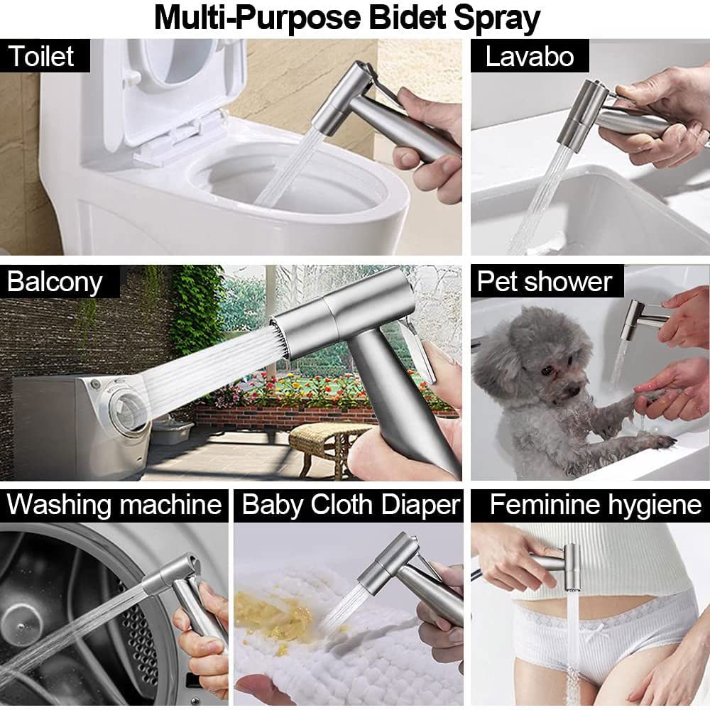 BlitzBite Handheld Bidet Sprayer,Toilet or Wall Mounted leaking Hose, Multi-function Shower 304 Stainless Steel Material with Bidet Hose Feminine Wash, for Baby Pets Wash, Silver