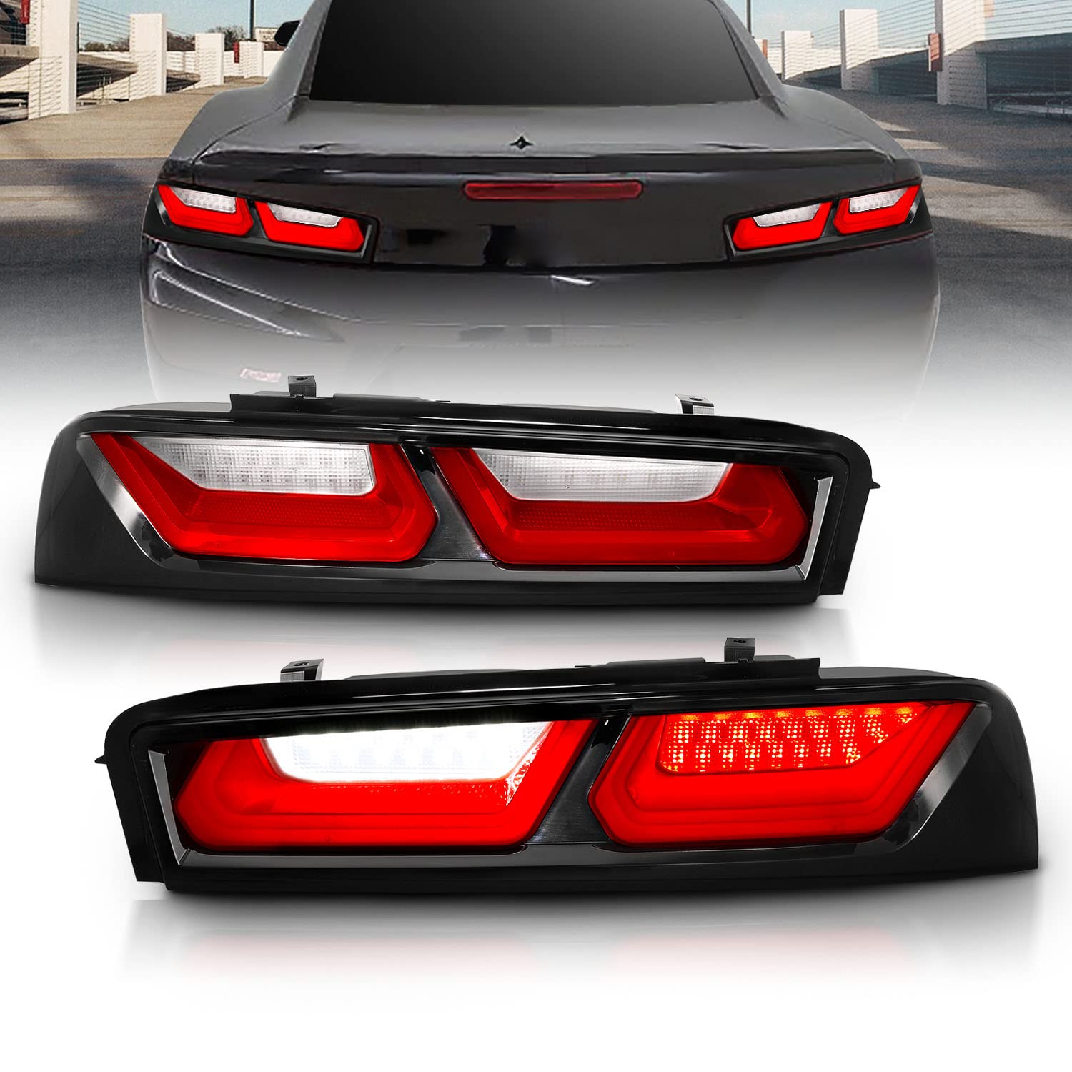 AmeriLite for 2016-2018 Chevy Camaro LED Tube Dual Square Projectors Black Replacement Headlights Assembly Set - Driver and Passenger Side