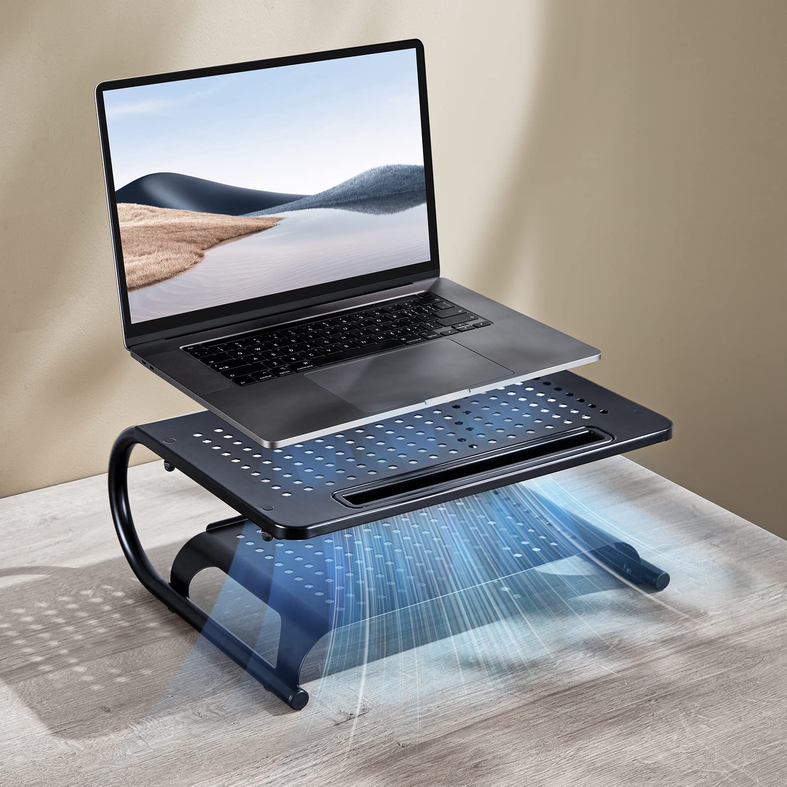 LORYERGO Monitor Stand, Monitor Riser, Computer Stand with Media Solt, Laptop Riser with Vents, 2 Tier Monitor Stand Riser with Storage for Printer/PC, Desktop Stand Organizer - Office & Home