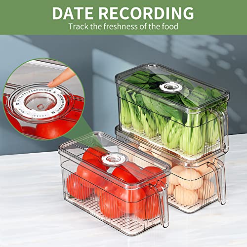 Fridge Organizer with Freshness Timer Lid, Stackable Refrigerator Organizer Bins with Front Handle and Drain Tray, BPA-FREE Clear Plastic Food Storage Bins for Kitchen, Pantry, Cabinet ( 3L, 4Pack)