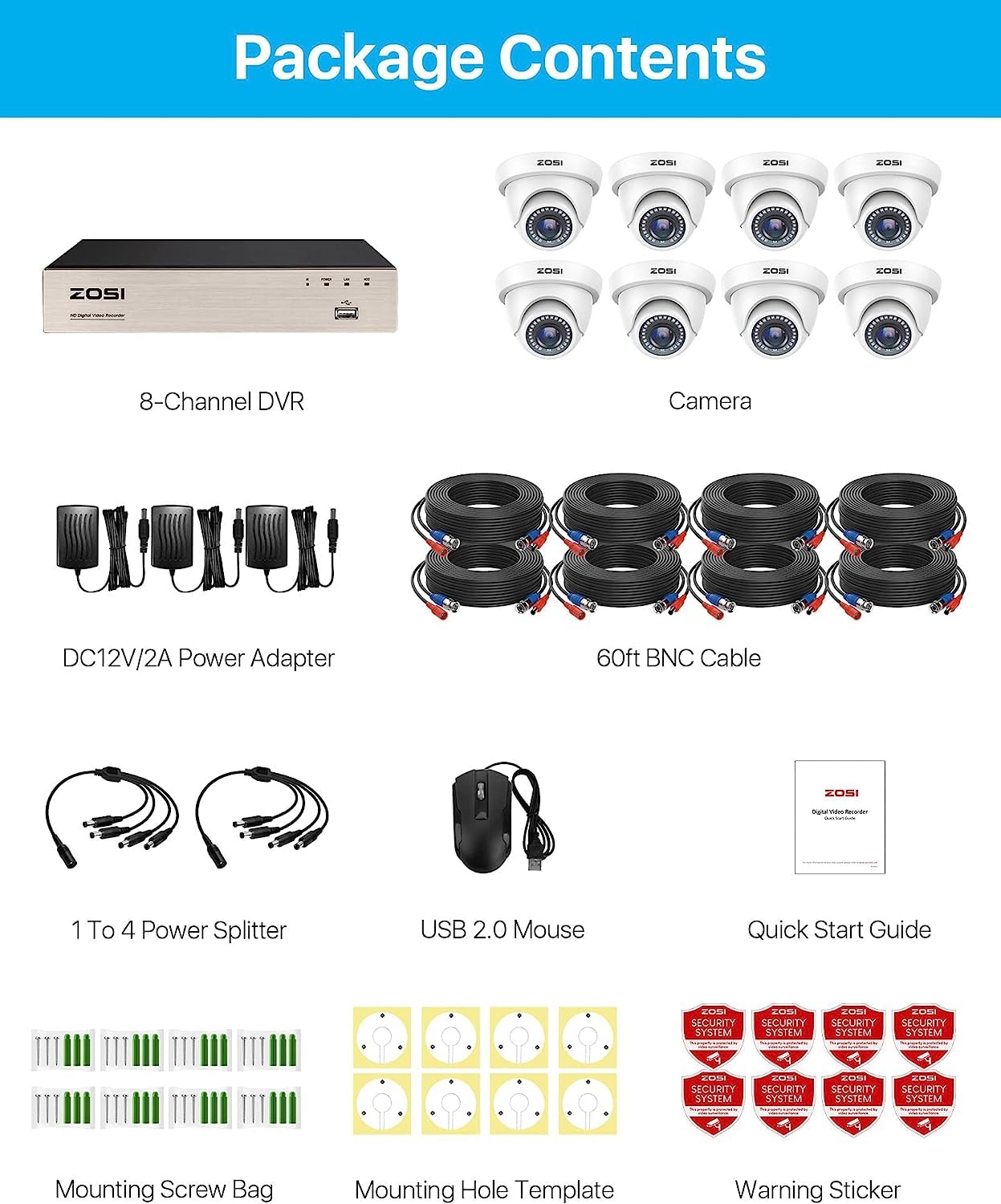 ZOSI 1080P 8CH Home Security Camera System, H.265+ 8 Channel 5MP Lite HD-TVI DVR Recorder and 8pcs 2MP 1920TVL Weatherproof CCTV Dome Cameras Indoor Outdoor, 80ft Night Vision, Remote Access