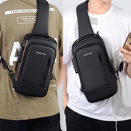 Dwenles Men's Small Anti-theft Sling Bags USB Chest Sling Backpack Waterproof Lightweight One Strap Backpack (Black)