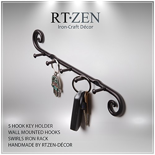 RTZEN Farmhouse Small Key Holder for Wall - Handcrafted Swirl Decorative 5 Key Hooks for Home Entryway - Wrought Iron Black Wall Mount Key Rack Purse Coat and Leash Holder or Organizer (Classic)