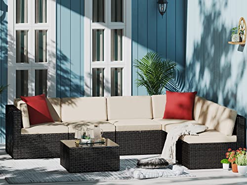 Greesum Patio Furniture Sets 7 Piece Outdoor Wicker Rattan Sectional Sofa with Cushions, Pillows & Glass Table, Beige