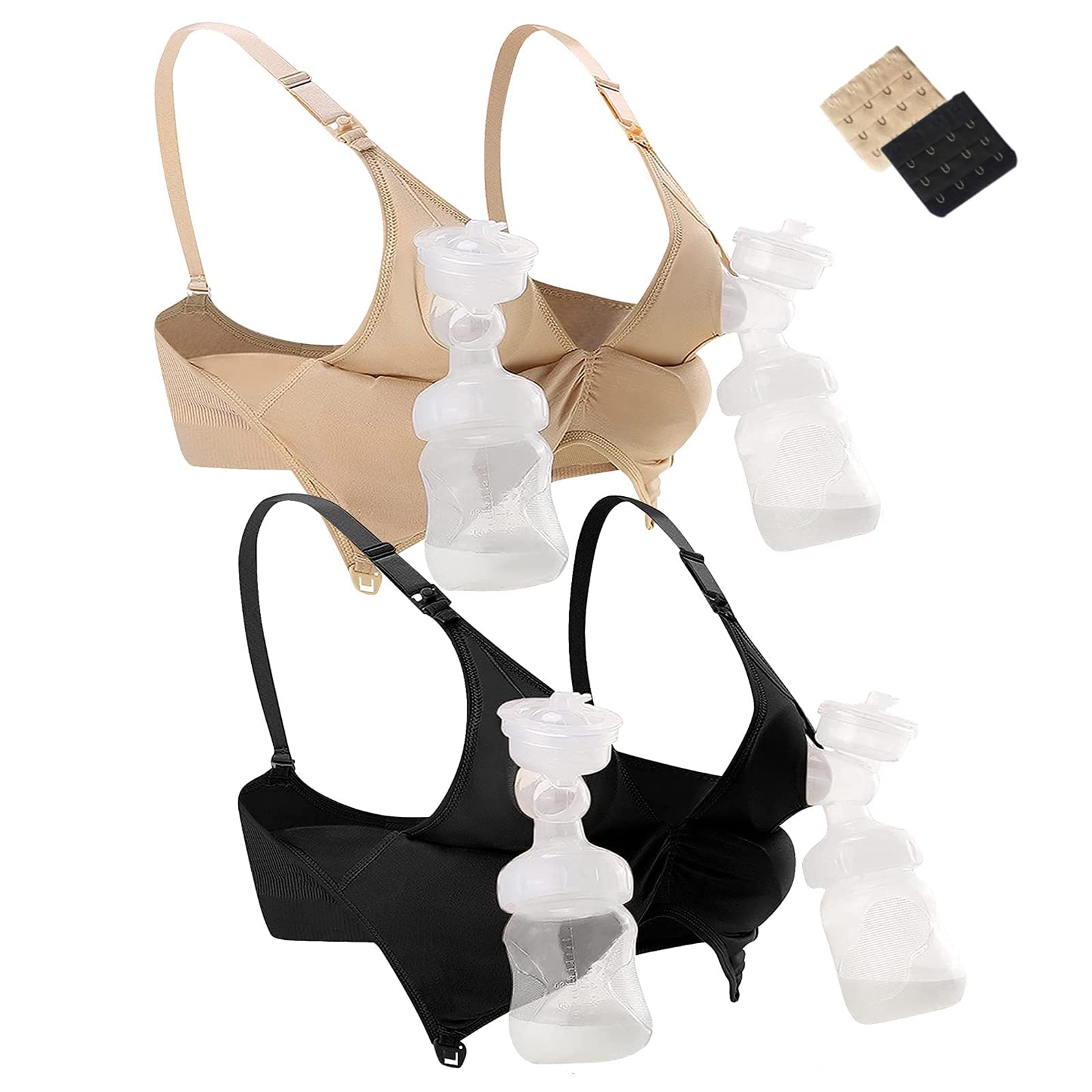 BIAOOTOO Pumping Bra Hands Free, Adjustable Breast-Pumps Holding and Nursing Bra, Suitable for Most Breast Pumps(Black+Beige, M)