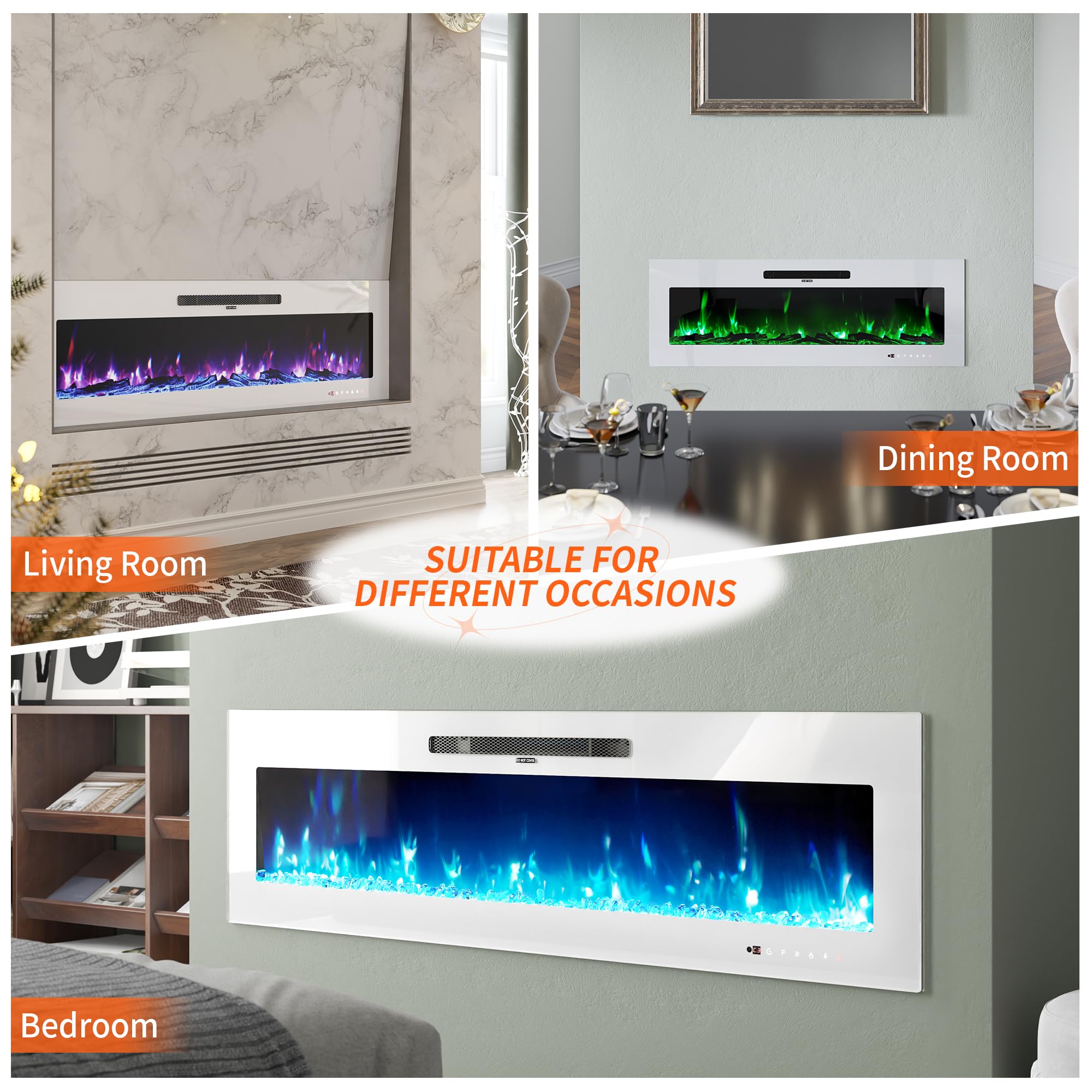 Amerlife 50" Electric Fireplace Wall Mounted, Recessed and Freestanding, Fireplace Heater W/12 Flame Color and Brightness, Touch Screen & Remote Control, Log Set & Crystal Included, White