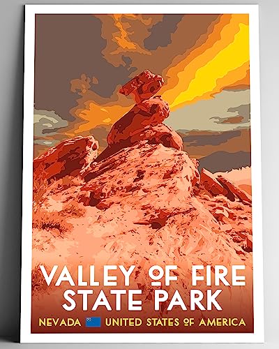 GO SEE DESIGN Valley of Fire State Park Vintage-Style Travel Poster - 8x10-12x18-18x24-24x36 / 4x6 Postcard WPA Style Art Print New Mexico USA (4x6 Inch Postcard)