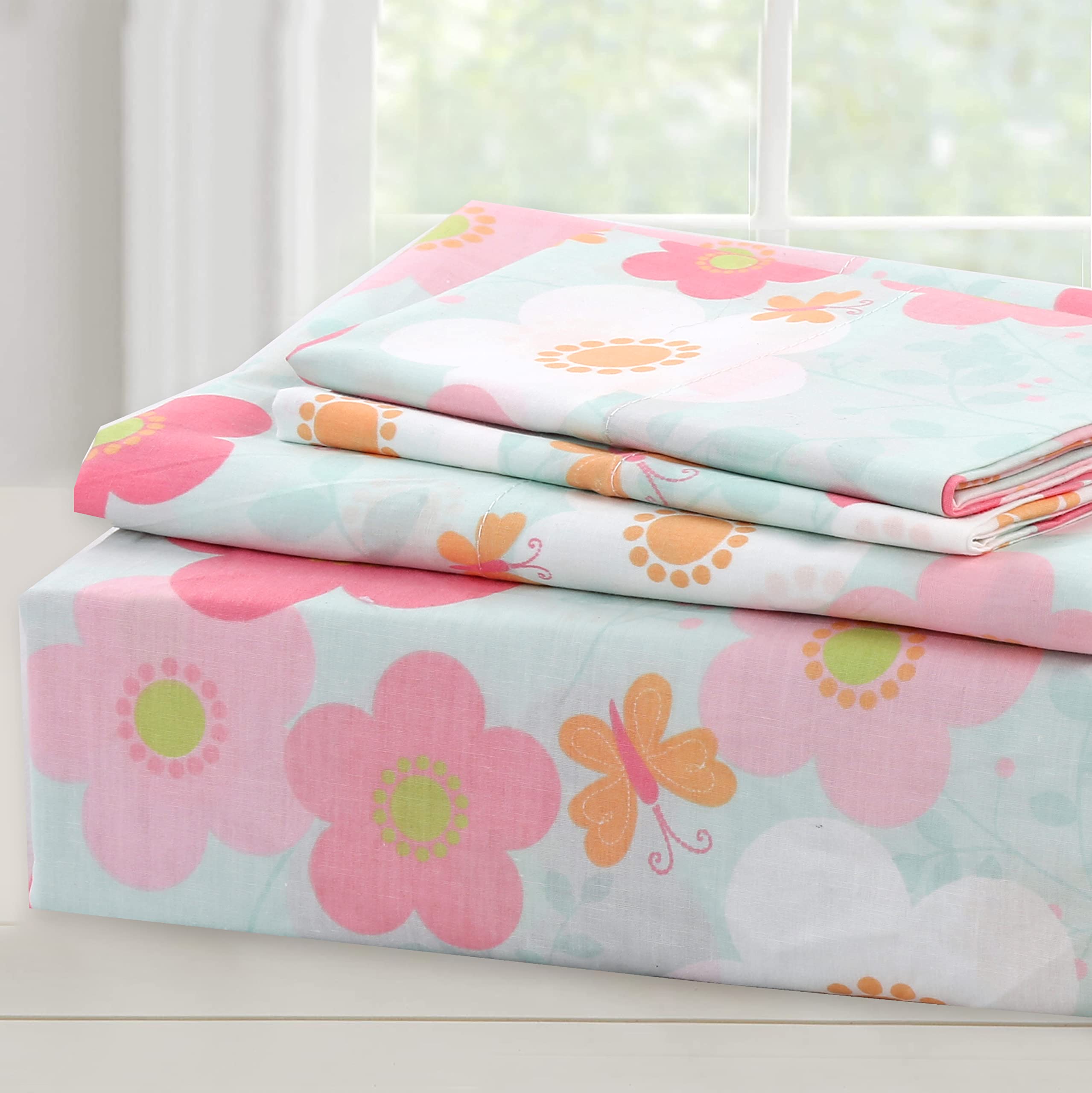 Danica 3-Piece 100% Cotton Toddler Sheet Set for Boys & Girls, Includes Top Sheet, Fitted Sheet, Standard Pillow Case (Pink Flower)