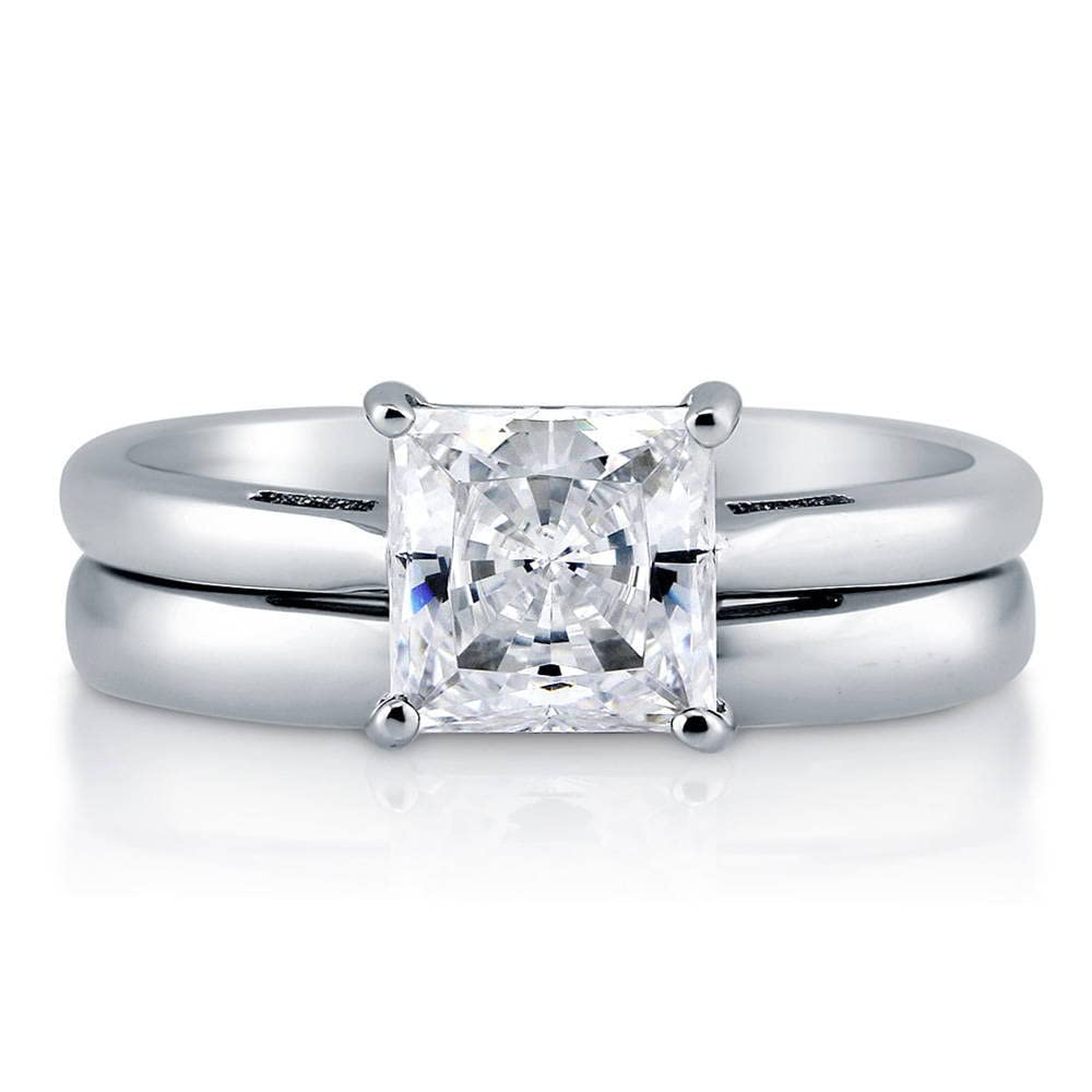 BERRICLE Sterling Silver Solitaire Wedding Engagement Rings 1.6 Carat Princess Cut Cubic Zirconia CZ Ring Set for Women, Rhodium Plated Size 9