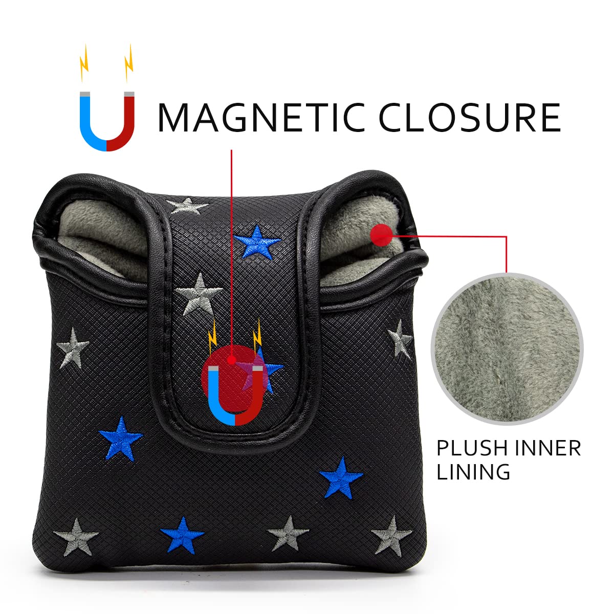 Barudan Golf Square Mallet Putter Cover Headcover Magnetic - Premium Leather Golf Putter Head Cover with Clover USA Embroidery