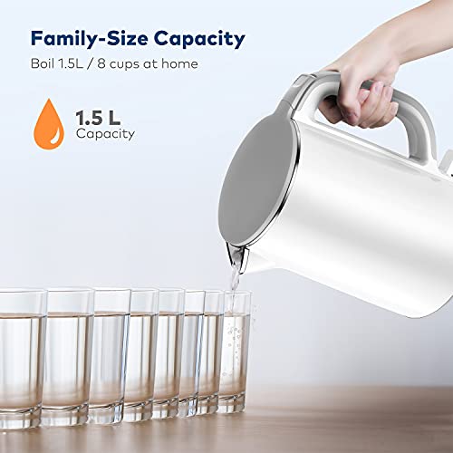 Miroc Electric Kettle, Double Wall 100percent Stainless Steel Cool Touch Tea Kettle with 1500W Fast Boiling Heater, Cordless with Auto Shut-Off & Boil Dry Protection, BPA-Free, White