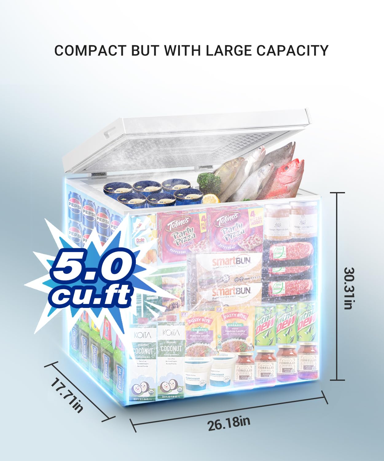 Deep Freezer, 5.0 cu.ft Free-Standing Chest Freezer with Removable Basket, 7-Step Temperature Control, Low Noise, Perfect for Home Kitchen and Garage (White)