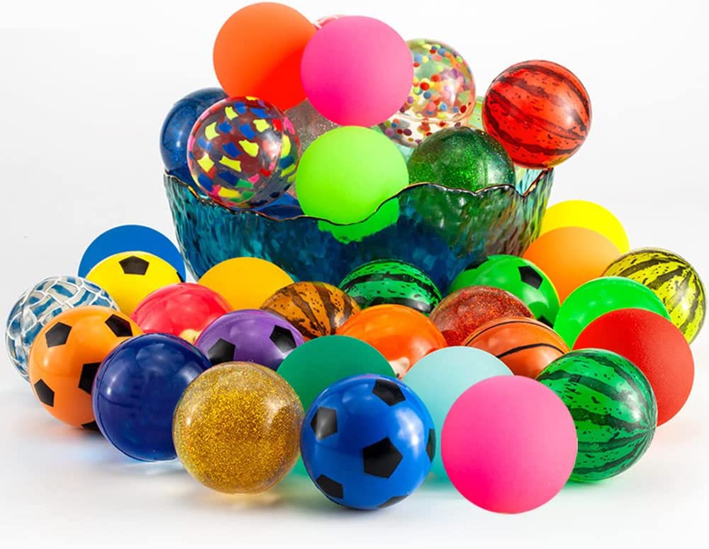 OBTANIM 100 Pieces Colorful Bouncy Balls Bulk Mixed Pattern High Bouncing Balls for Kids Party Favors, Prizes, Birthdays Gift (27 mm)