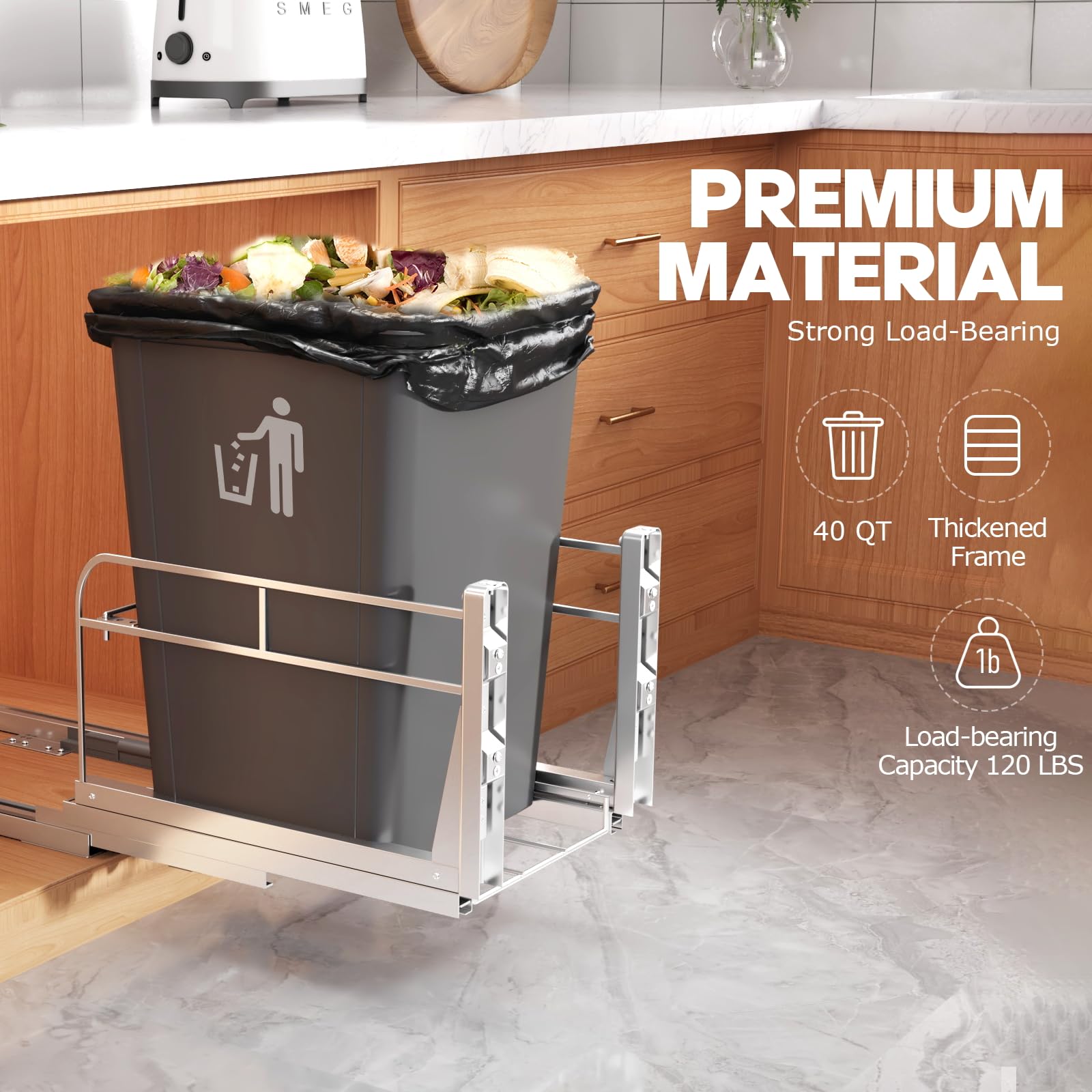 Biboraya 40 QT Pull Out Trash Can Under Cabinet,Slide Out Garbage Can Kit for Kitchen,Bathroom,Laundry,Garbage Can Not Included, Requires Minimum Cabinets Opening 12" W X 17" D