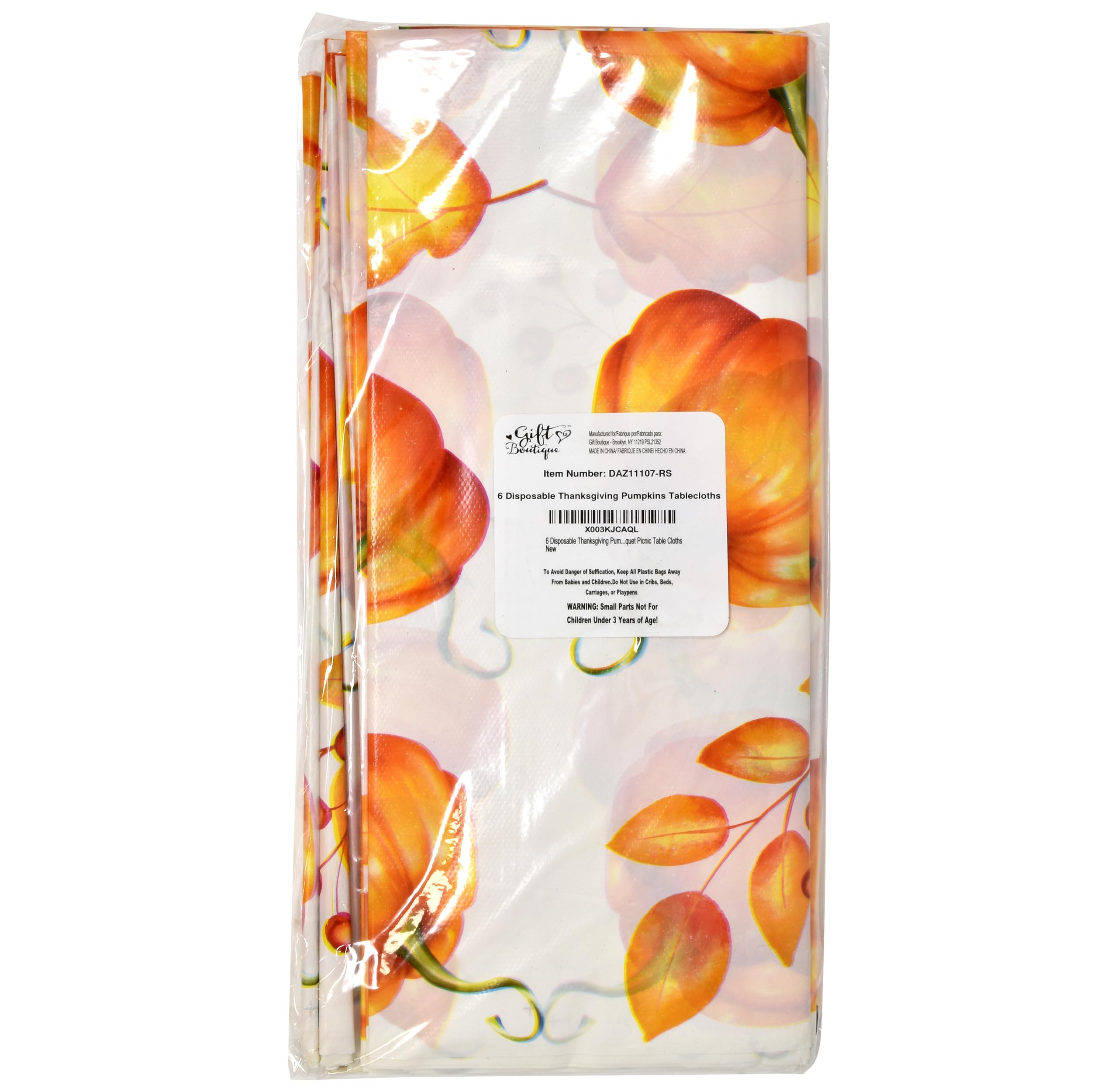 Gift Boutique 6 Disposable Thanksgiving Pumpkin Tablecloths 54" X 108" Rectangle Fall Harvest Autumn Leaves Plastic Table Cover Party Supplies Decor