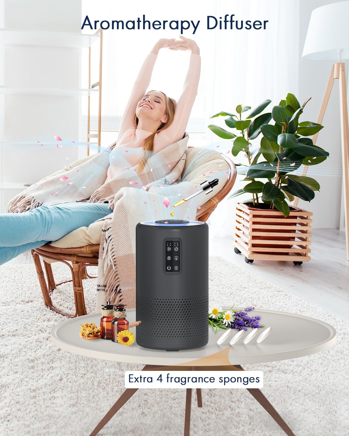 B-D02U Air Purifiers for Home Large Room with Night Light up to 1076ft², H13 True HEPA Air Cleaner with Fragrance Sponge, Sleep Mode, Timer, Speed, Lock, for Wildfire Smoke Pet Dust Pollen Odor