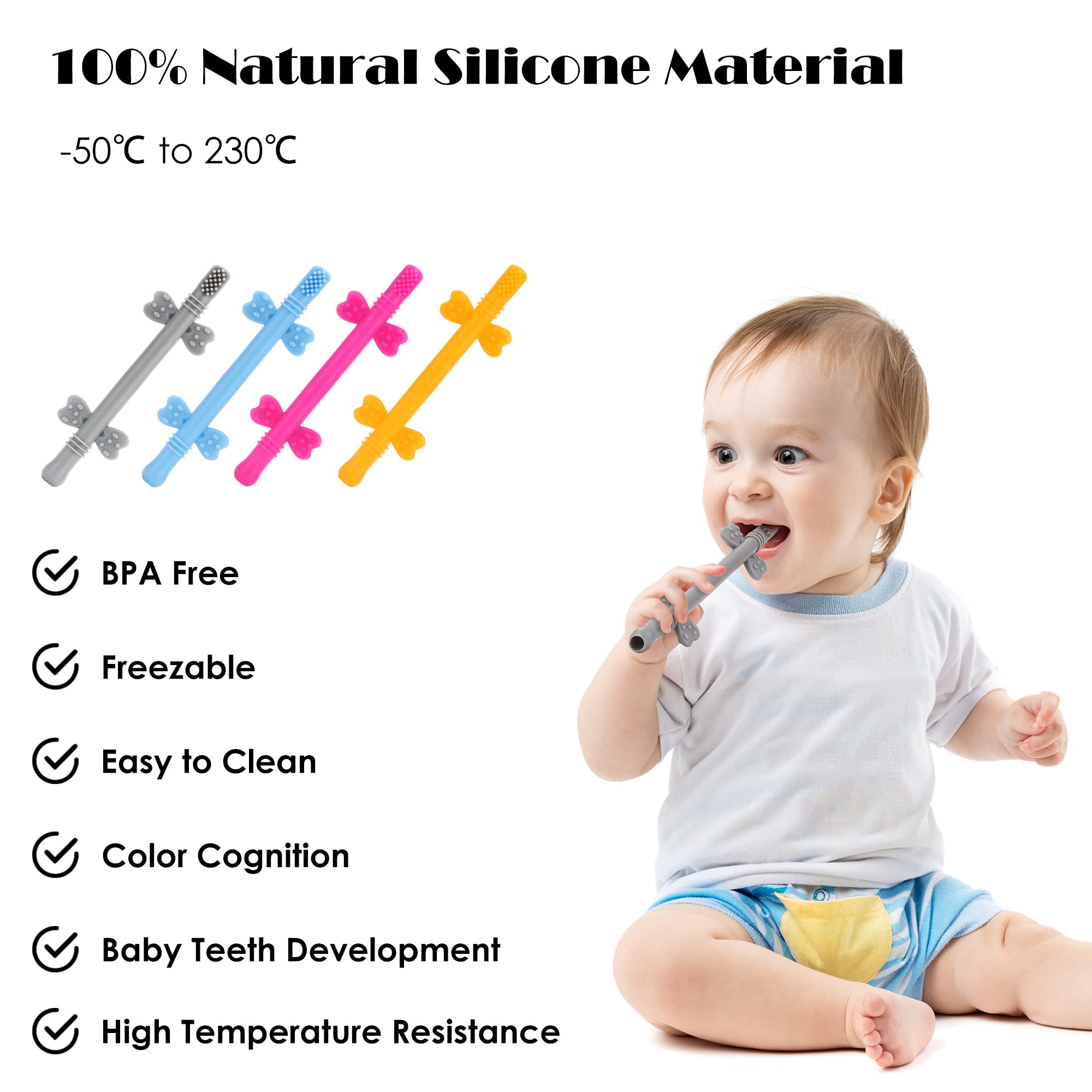 Hollow Teething Tubes with Safety Shield, Silicone Teether Toy for Babies 3-18 Months, BPA Free/Freezable Toddler Baby teether Toothbrush-Easy to Clean(Four-Color)