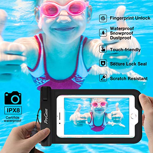ProCase Waterproof Case with Touch ID, Cellphone Dry Bag Pouch for iPhone Xs Max XR XS X 8 7 6S Plus with Fingerprint Recognition, Galaxy S10 S10e S9 S8+ up to 6.0" - 2 Pack Black