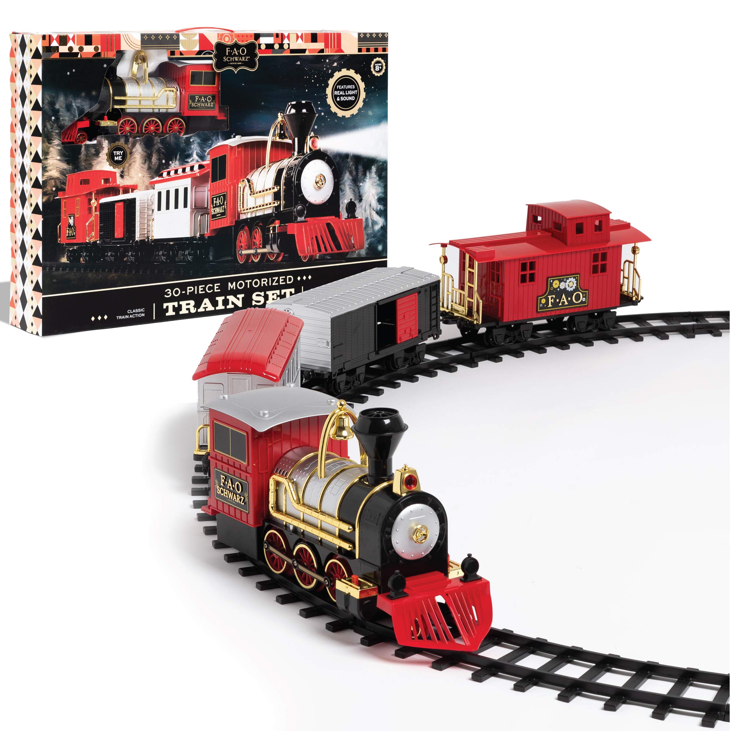 FAO Schwarz 1006832 Classic Motorized Train Set, Complete Toy Set with Engine, Cargo, 18' of Modular Tracks, Red/Black, Pack of 30