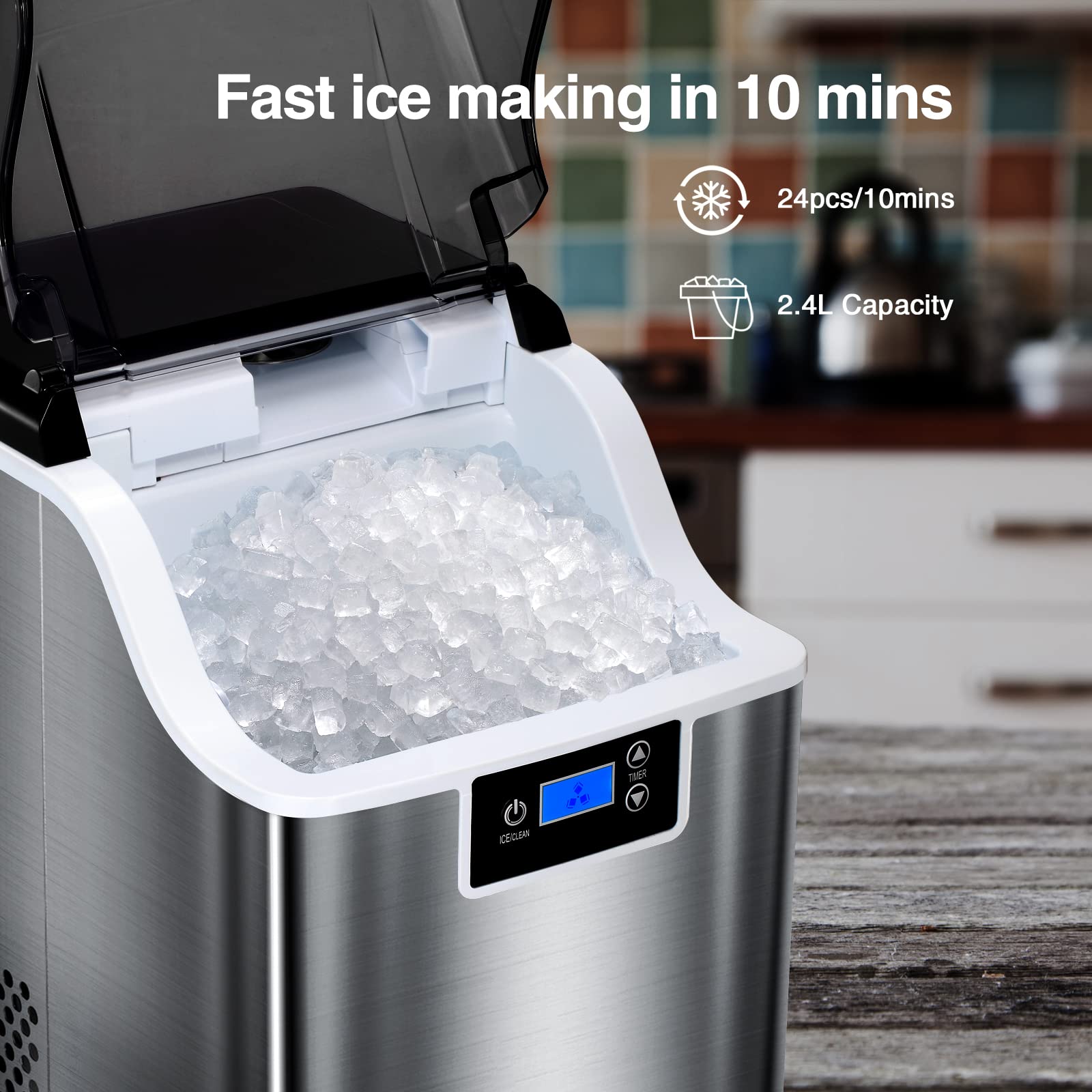 R.W.FLAME Nugget Ice Maker Countertop, Pebble/Pellet Ice Maker,Ice Ready in 10-15 Mins, 44Lbs/24H, Auto Self-Cleaning, with LCD Screen for Home Office Party Bar,Silver