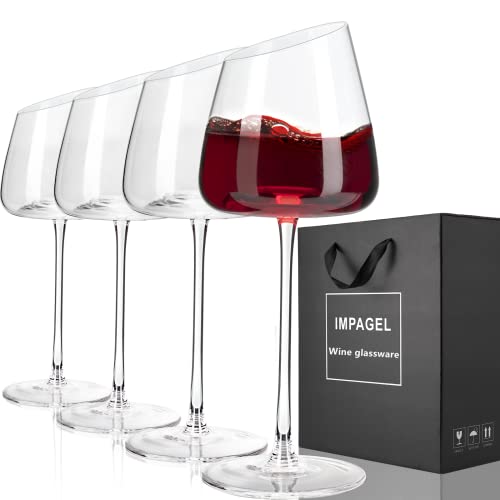 Modern Slanted Red Wine Glasses Set of 4,Elegant Hand-Blown Long Stem Wine glasses with Unique Concave Base, Premium Crystal Glassware,for Wedding,Wine Tasting, Anniversary,and Christmas-13.5 oz