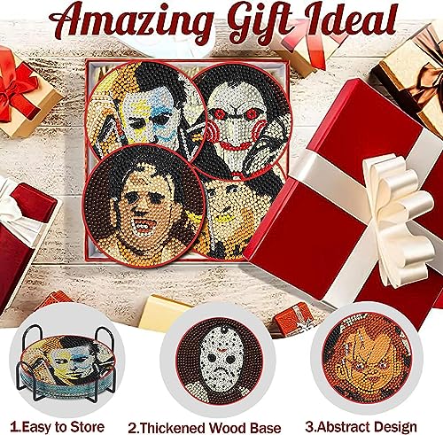 ICECHEN 8 Pcs Diamond Paintings Coasters Kits with Holder, DIY Halloween Coaster Diamond Art Kits,Full Drill Rhinestone Painting Kits for Adults & Kids,Beginners Art Craft Supplies