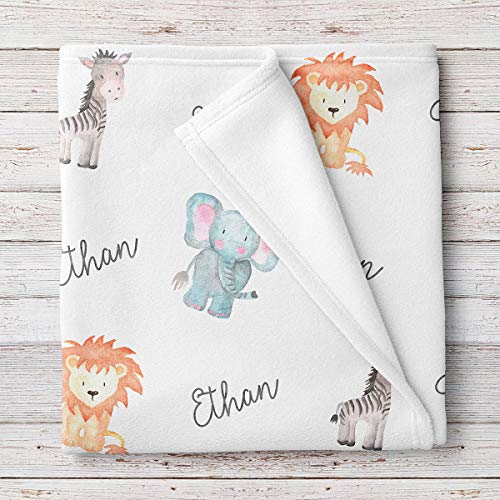 Lovable Gift Co Safari Animals Personalized Baby Blanket, Safari Nursery, Custom Name Blanket