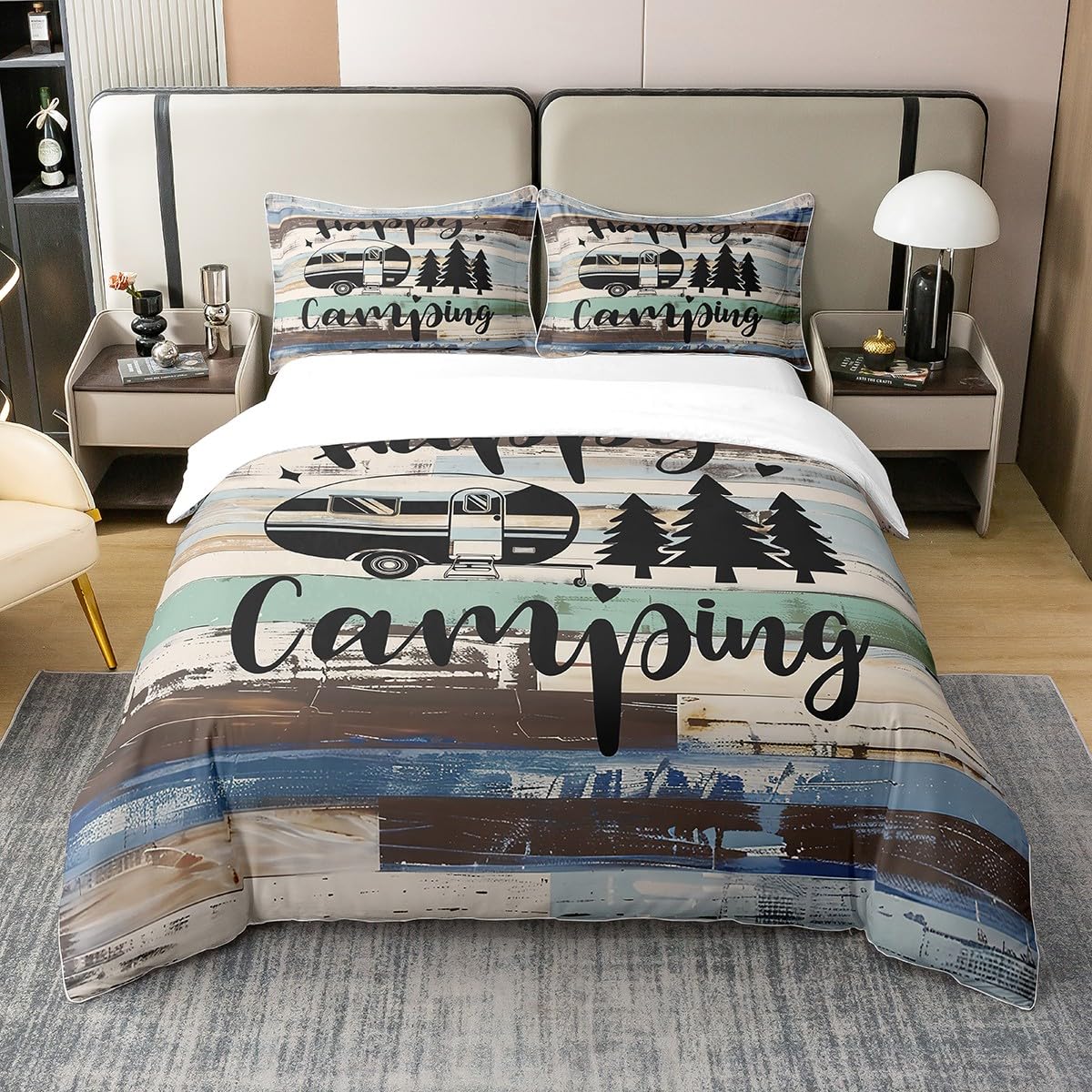 RV Camper 100% Natural Cotton Duvet Cover Set Brown White Vintage Barn Door Comforter Cover Set King Size for Bedroom Decor Travelling Trailer Car Bedding Comforter Cover with 2 Pillowcases