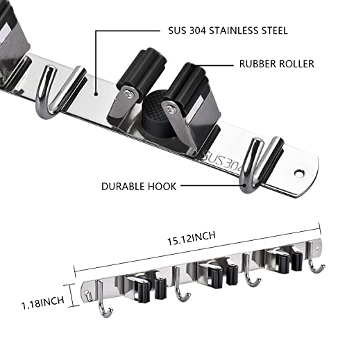 Kozci 2 Pack Mop and Broom Holder Wall Mount, Anti-Slip Broom Organizer Wall Mount Self Adhesive Broom Hanger, Stainless Steel Tools Rack Mop Storage Organizer for Kitchen Garden Garage(3 Racks 4Hook)