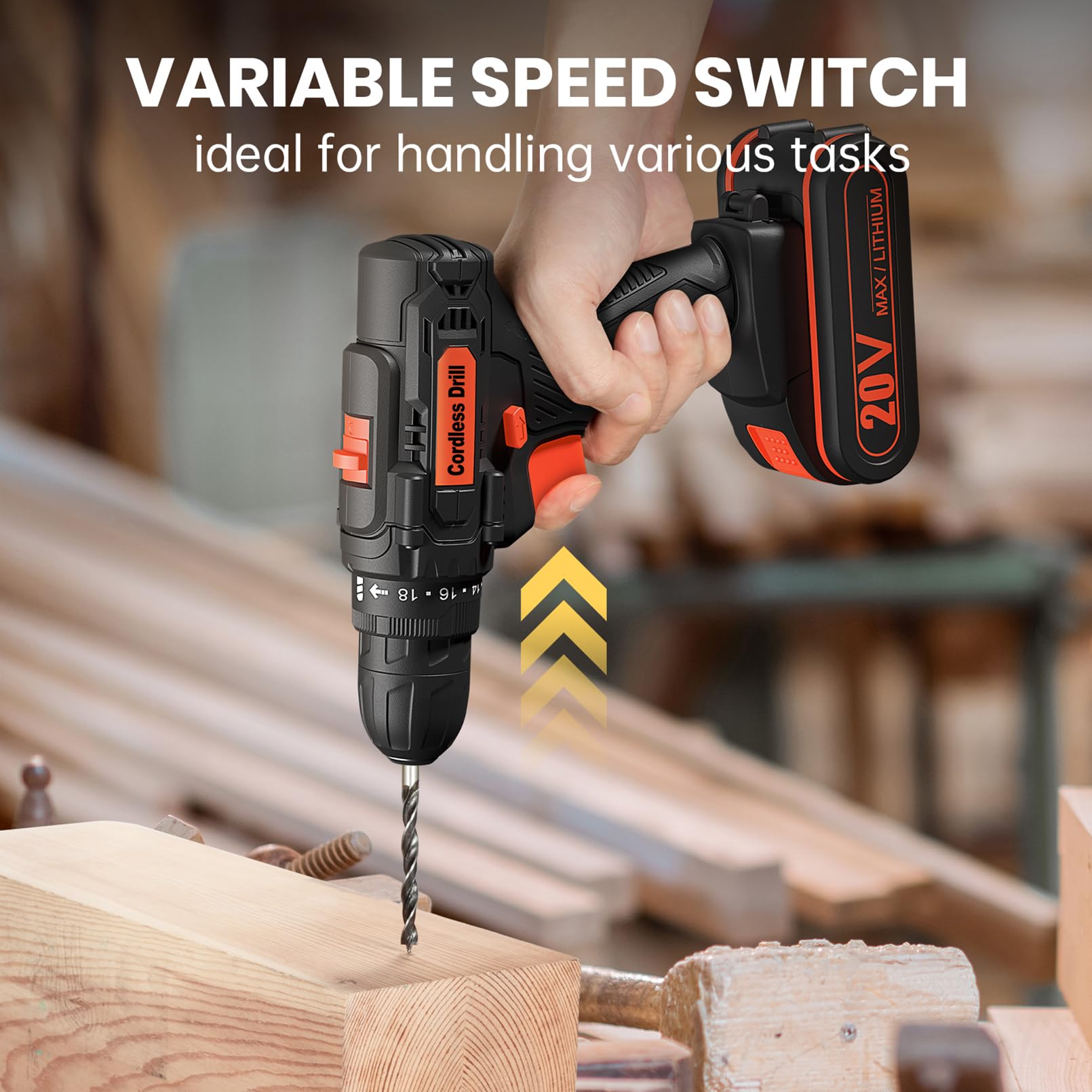 Cordless Drill 20V, Drill Set with 42pcs Accessories and Battery 2.0Ah, Electric Drill 25+1 Torque Setting, 2 Speed, 3/8" Keyless Chuck, LED Light, Electric Power Drill for Home DIY and Garden Repair