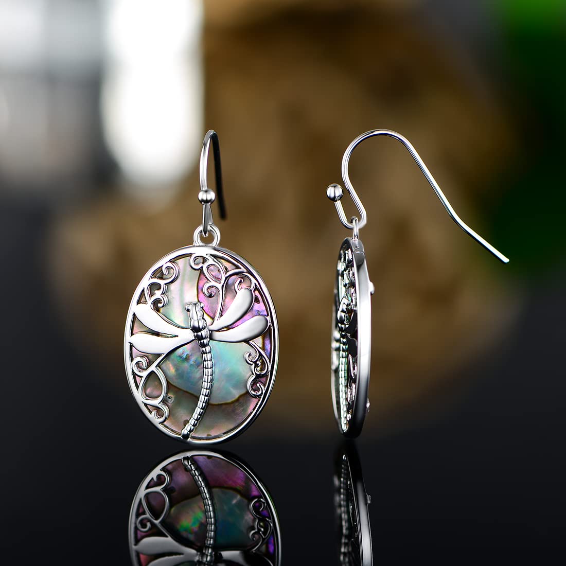 Barzel 18K White Gold Plated Abalone Dragonfly Dangling Earrings for Women - Made in Brazil