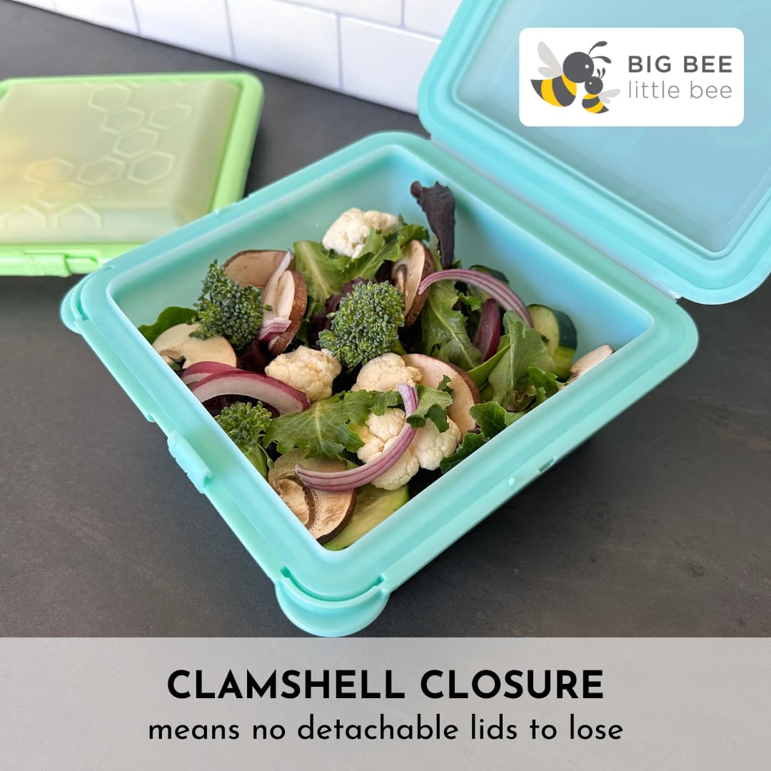 Big Bee, Little Bee - SoftShell XL Reusable Silicone Food Storage Container with Connected Clamshell Lid, Easy to Clean, Snaps Closed, Microwave, Freezer & Dishwasher Safe (Aqua)