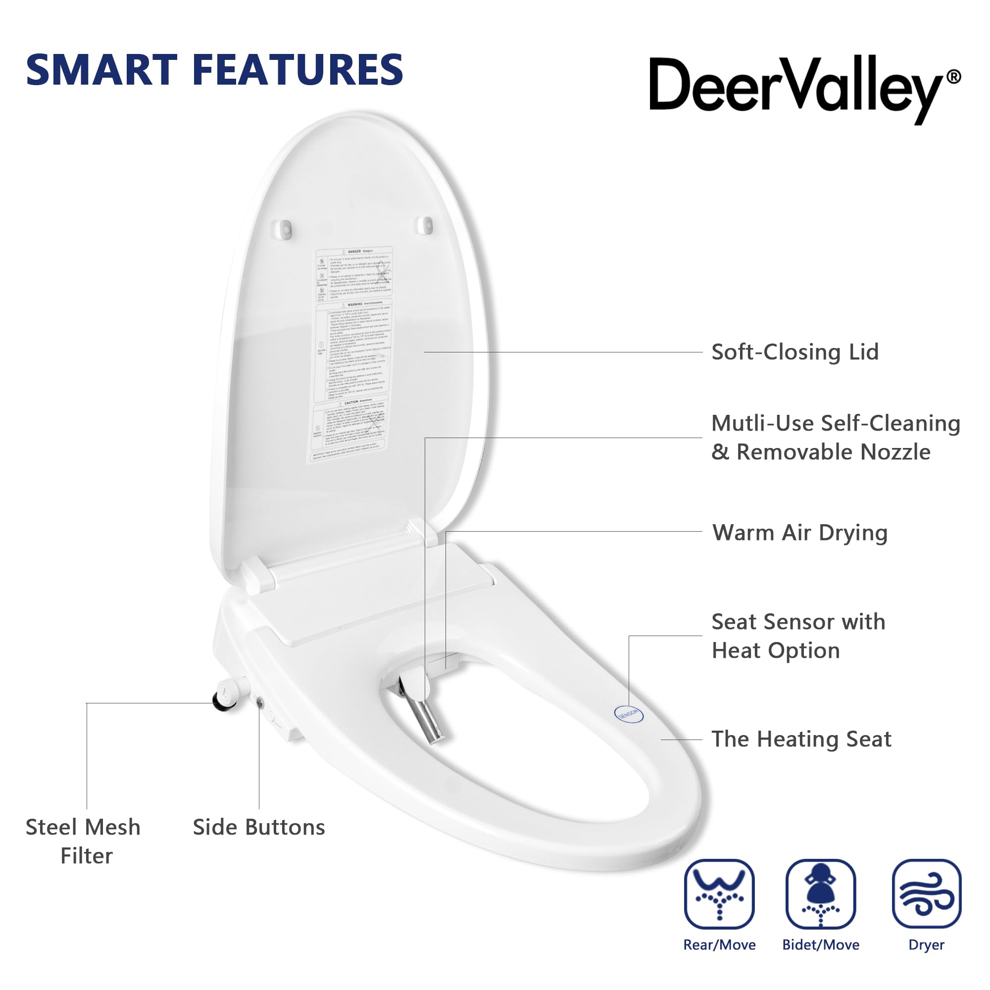 Bidet Seats, DeerValley DV-1S0018 Electronic Bidet Toilet Seat, Smart Toilet Seat with Sensor Seat Heating, Warm Air Dryer, Nightlight, Multiple Wash Methods, Self-Cleaning Nozzle, White