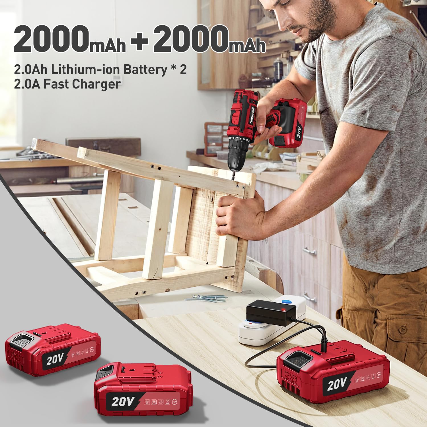 Cordless Drill 20V, Drill Set with 42pcs Accessories and Battery 2.0Ah, Electric Drill 25+1 Position, 2 Speed, 3/8 Inch Keyless Chuck, LED Light, Power Drill for Home DIY and Garden Repair