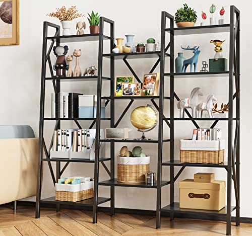 Gizoon Modern Triple Wide 5 Tiers Bookshelf with Storage,Industrial Bookcase with 14 Open Display Shelves, Large Etagere for Living Room/Home/Office-Black