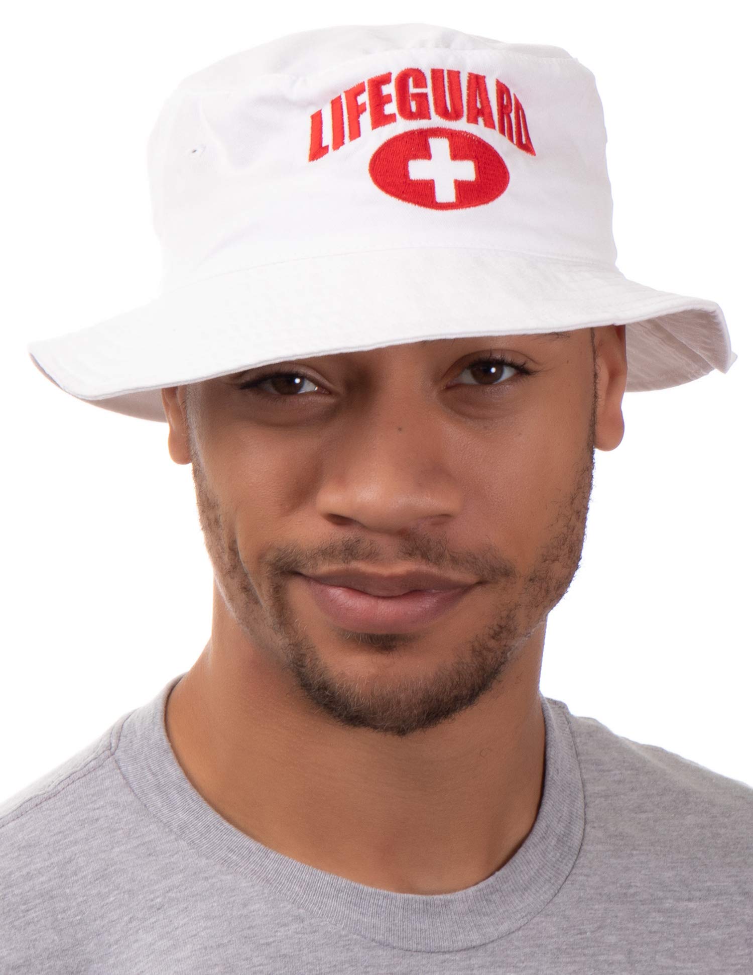 Ann Arbor T-shirt Co. Lifeguard Bucket Hat | Professional Guard Red Sun Cap Men Women Costume Uniform - White