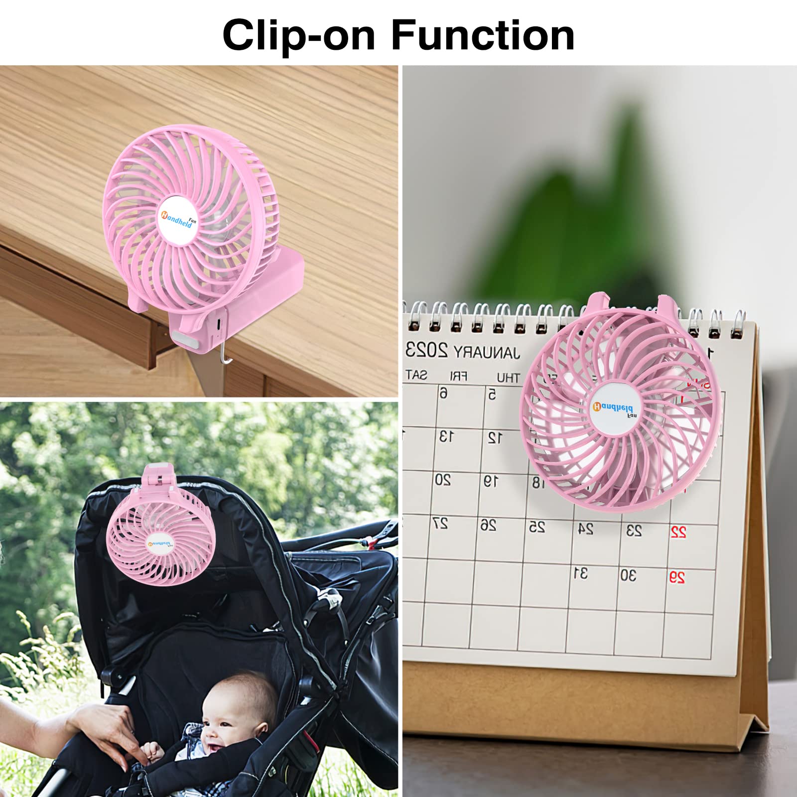 Lafhome Portable Handheld Fan, USB Rechargeable Hand Held Fan Foldable Desk Fan, 3 Speeds Battery Operated Fan Mini Electric Table Cooling Fan Personal Desktop Fan for Home Office Travel Pink