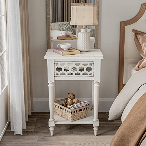 COSIEST End Table Sets of 2, Small Vintage Nightstand, Farmhouse Accent Table, Wood Grain Bedside Table with Mirrored Drawer and Open Display Shelf for Bedroom, Living Room, White