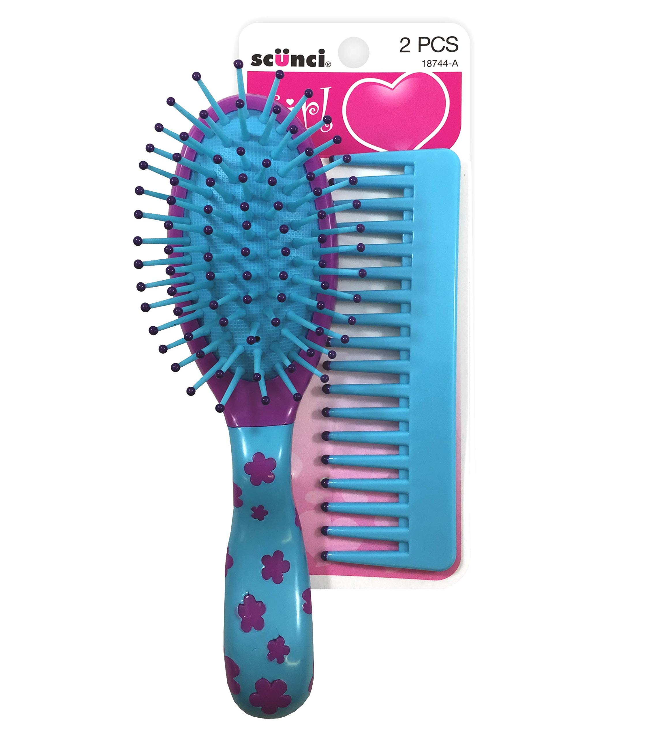 Scunci 2-Piece Girl Set Cushion Brush and Comb in Assorted Colors (1-Pack)