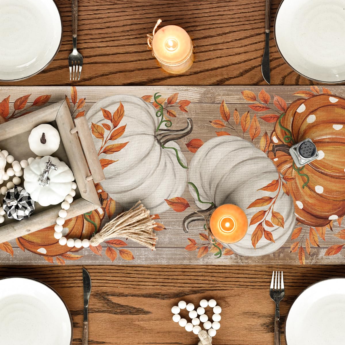 Artoid Mode Buffalo Plaid Orange Pumpkins Eucalyptus Fall Table Runner, Autumn Thanksgiving Kitchen Dining Table Decoration for Home Party Decor 13x72 Inch